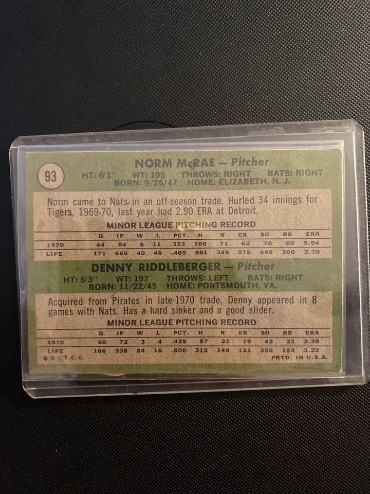 1971 Topps Baseball Card # 93 Senators Rookie Stars Norm McRae - NM | eBay