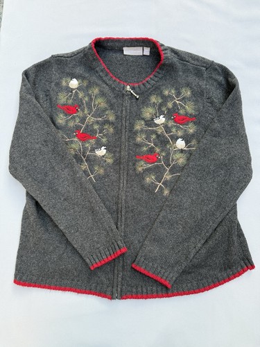 Croft And Barrow Embroidered Cardinal Birds Cardigan Sweater Zip Up Sz ...