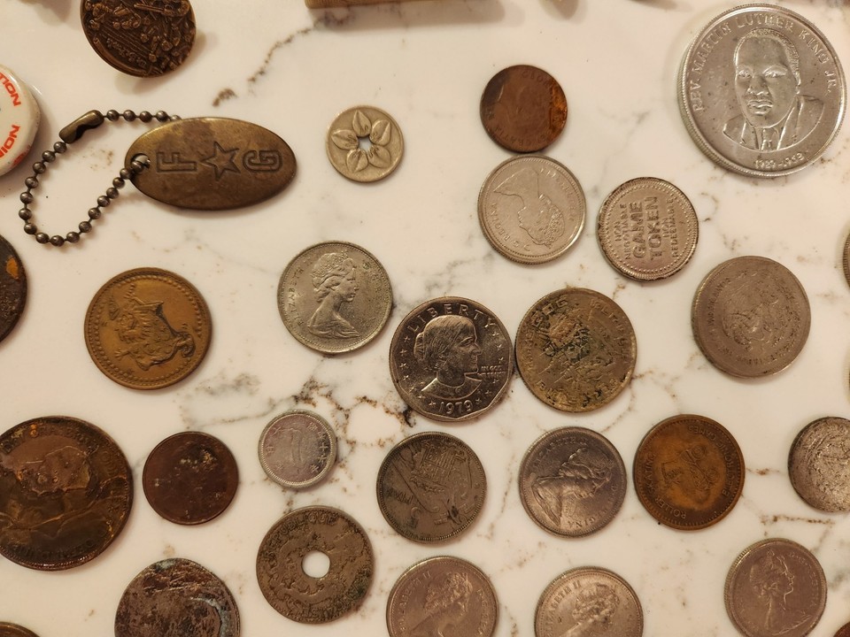 Vintage Junk Drawer Lot Coins Pennies Marbles Watch Patches Military ...