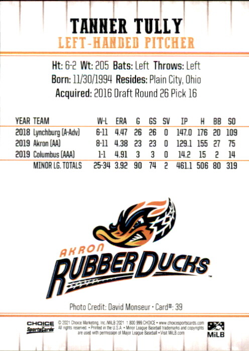2021 Akron RubberDucks Choice #39 Tanner Tully Plain City Ohio OH ...