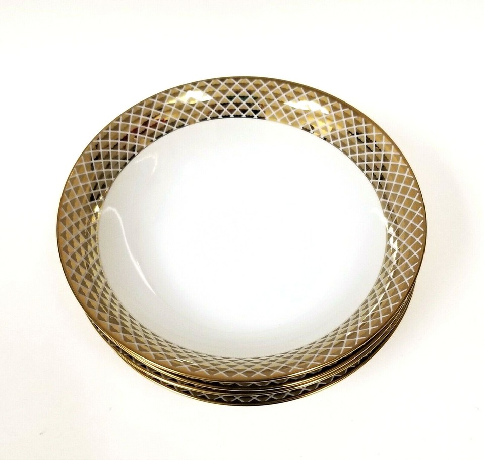 LUXE SET OF 4 PORCELAIN METALLIC GOLD DIAMOND PATTERN DINNER,SALAD ...