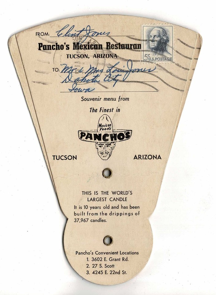 Pancho's Mexican Restaurant Folding Fan Menu Tucson AZ 1960s Postcard ...
