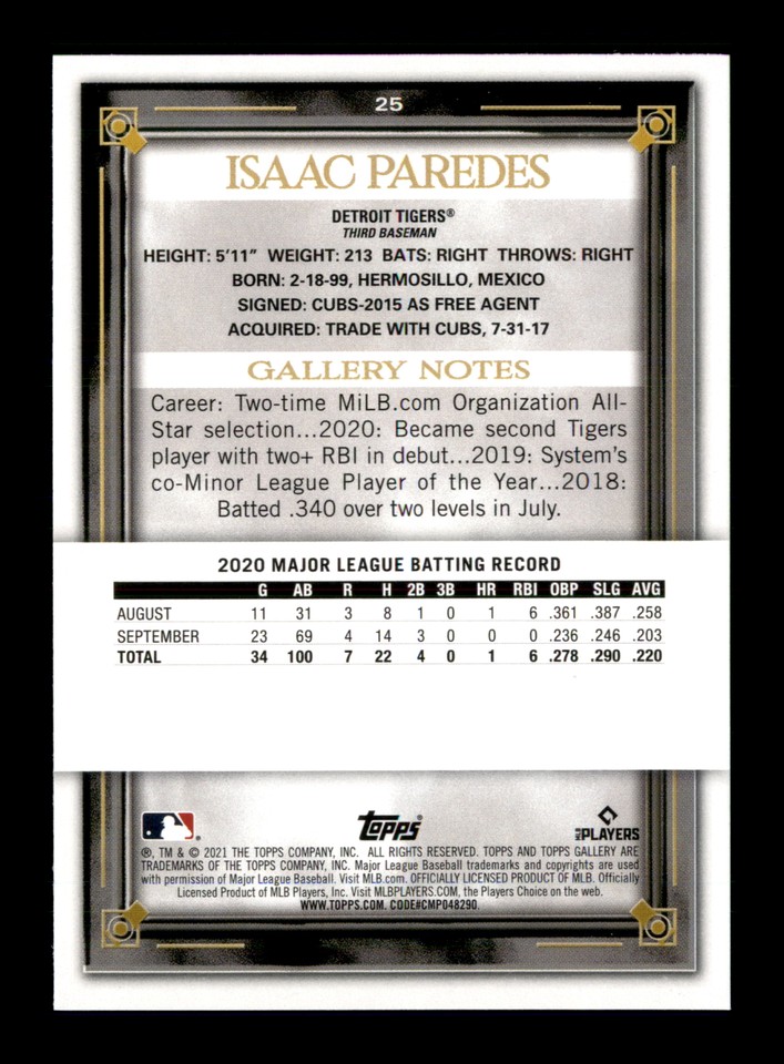 2021 Topps Gallery #25 Isaac Paredes Rookie Card RC Detroit Tigers ...
