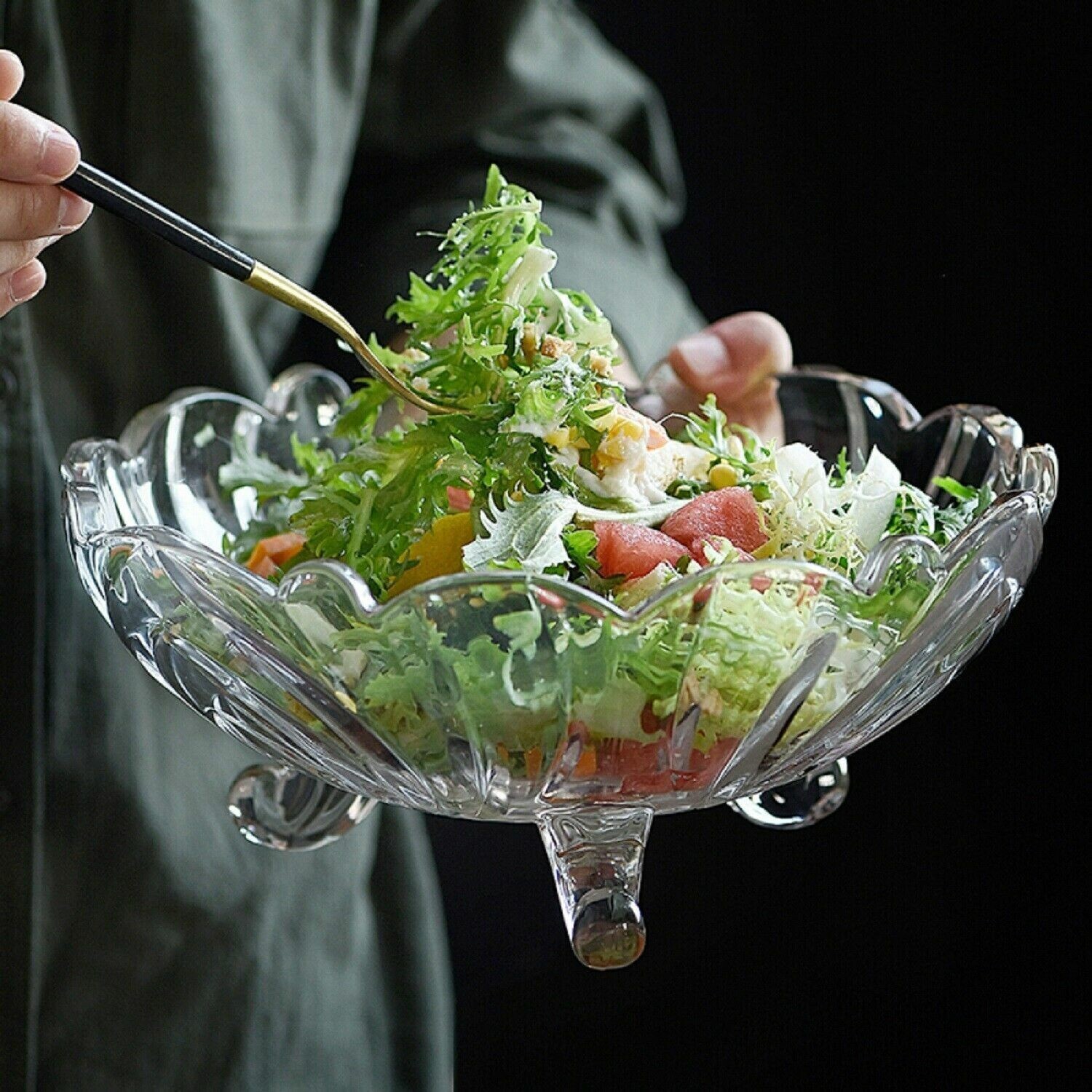 Large Glass Crystal Clear Fruit Bowl Creative Footed Modern Deep Dish ...