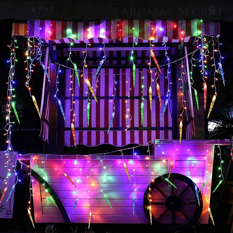 Christmas 96 LED Icicle Falling Rain Curtain Fairy String Light Ice ...
