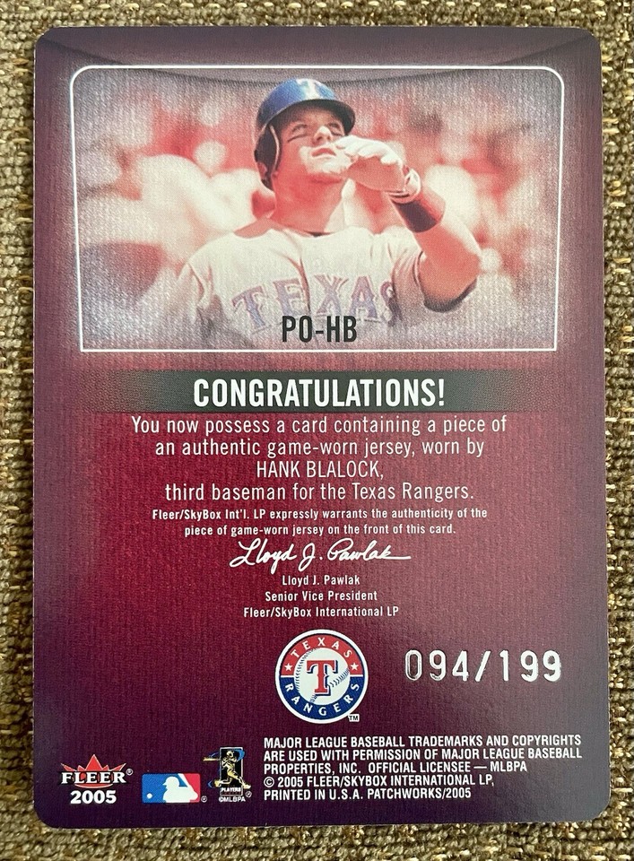2005 Fleer Patchworks “Property Of” 94/199 Hank Blalock #PO-HB *Game ...