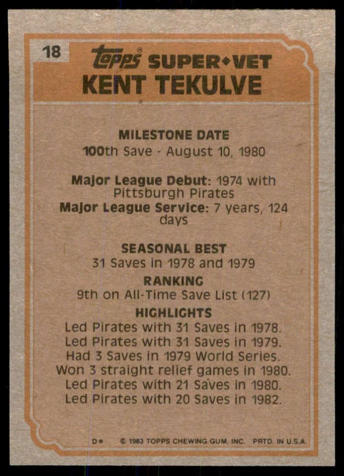 1983 TOPPS KENT TEKULVE PITTSBURGH PIRATES #18 | eBay