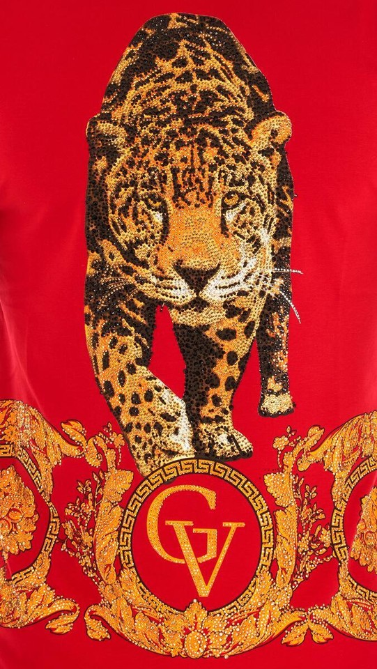 Avenue George V Paris Men's Red Short Sleeve T-shirt Golden Panther ...