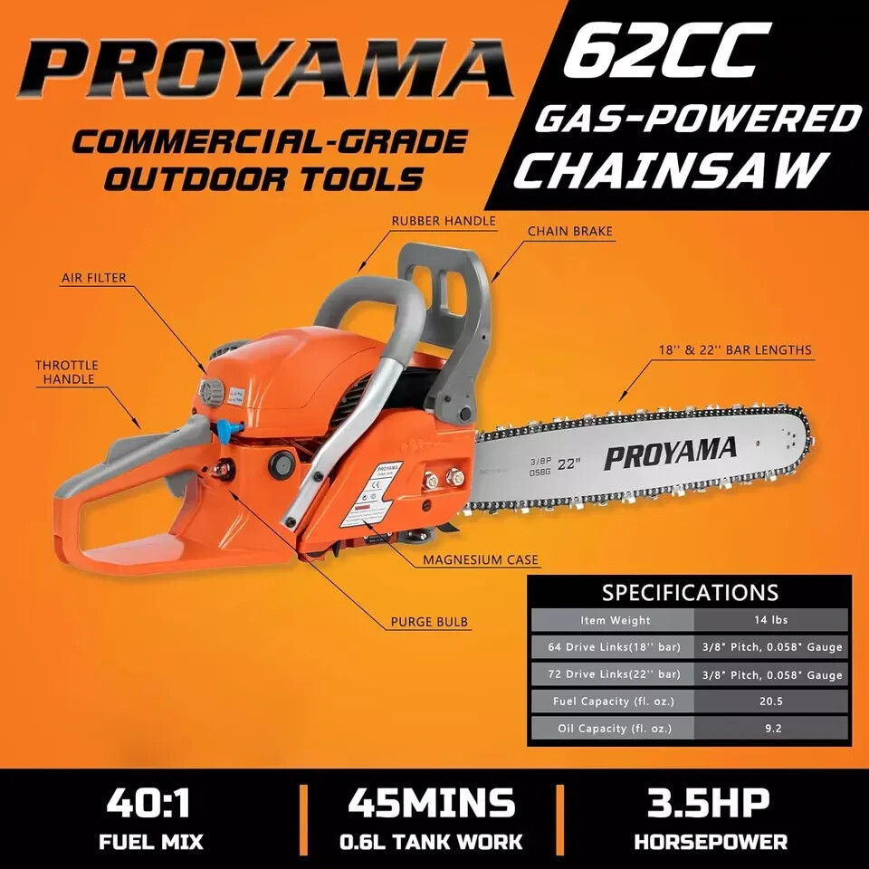 62CC 2-Cycle Gas Powered Chainsaw, 22 Inch 18 Inch Handheld 62CC 18In ...