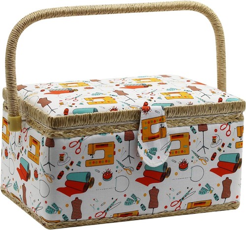 Medium beige sewing basket with tools, perfect for crafting and mending ...