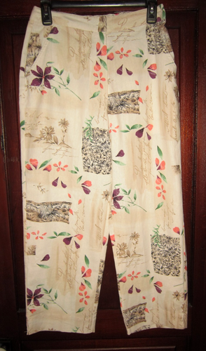 Sun Moda S Linen Cotton Pants Slacks Cropped Capri Floral Cursive Print ...