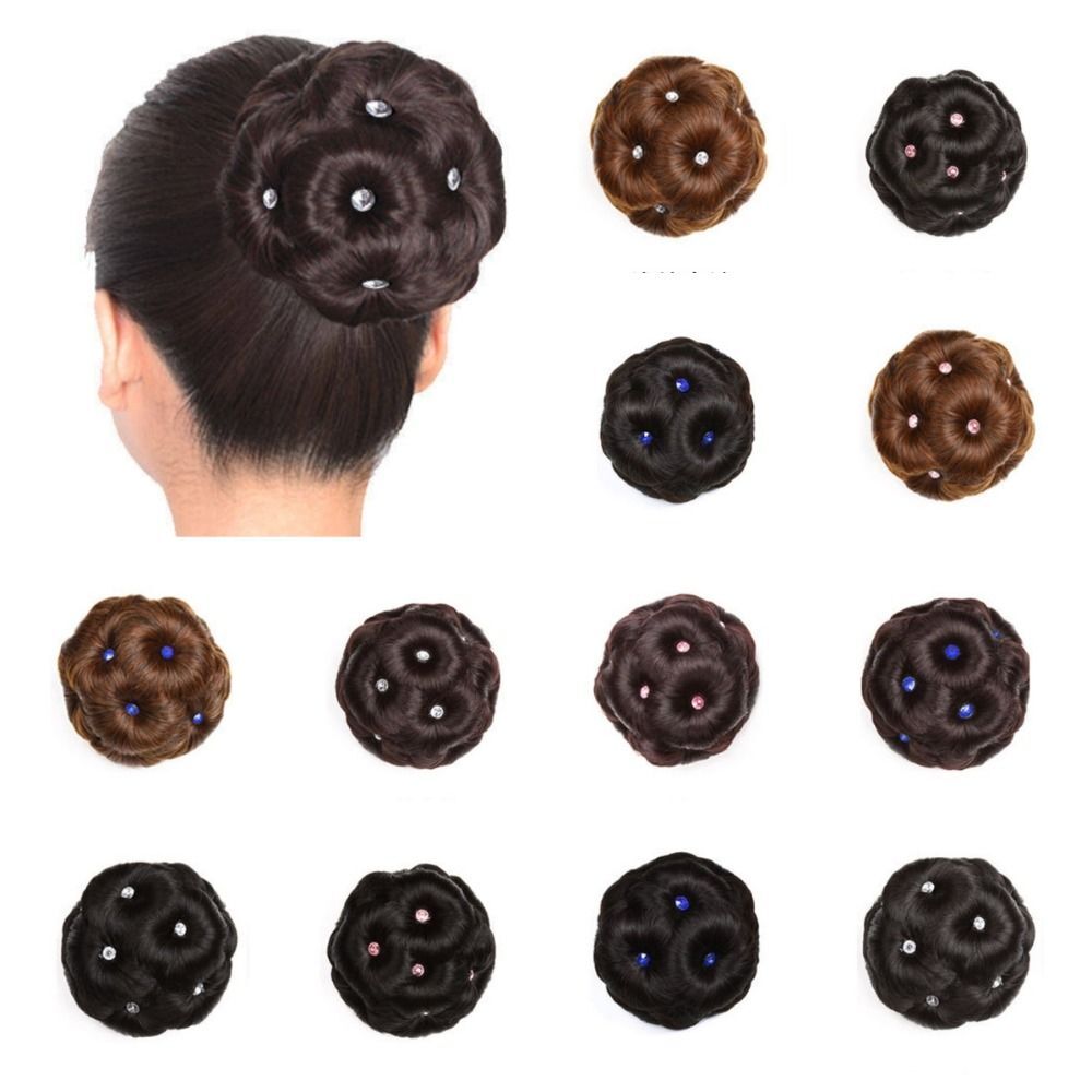 Brown Nine flowers Chignon Natural Curly Chignon Crystal Synthetic Bun ...