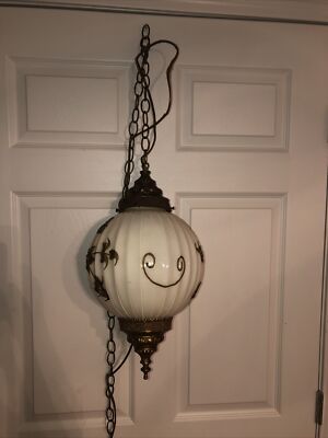 VTG Carl Falkenstein Hanging Swag Lamp white Glass Gold texture Mid ...