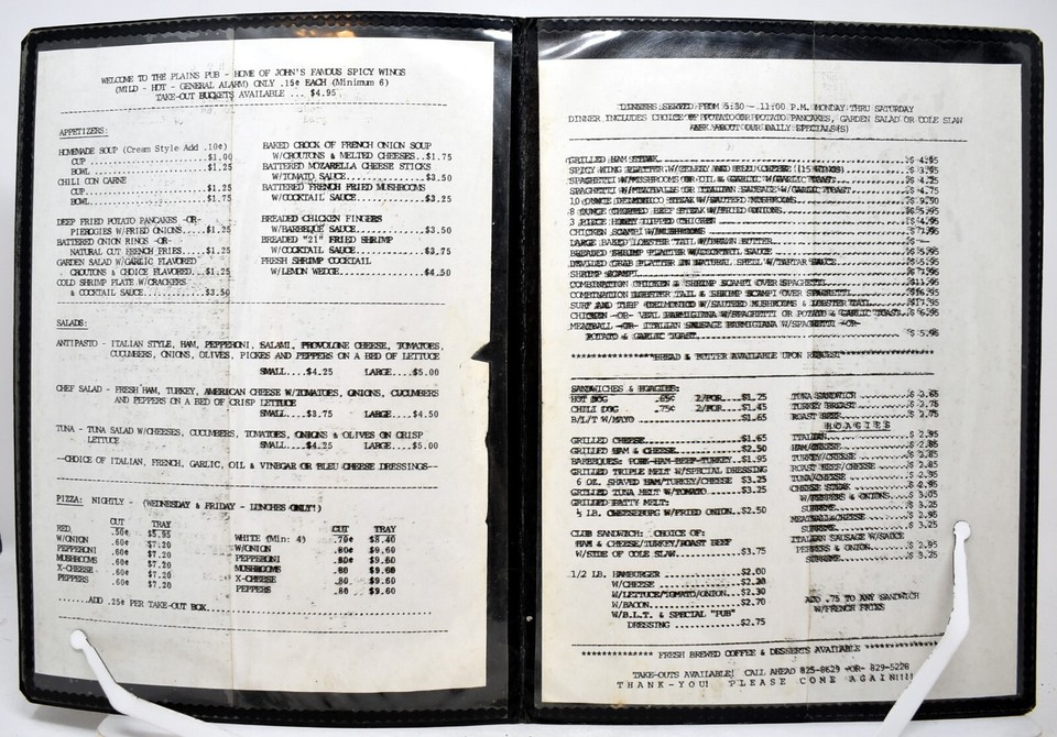 1980s The Plains Pub Restaurant Menu John's Spicy Wing Wilkes-Barre ...