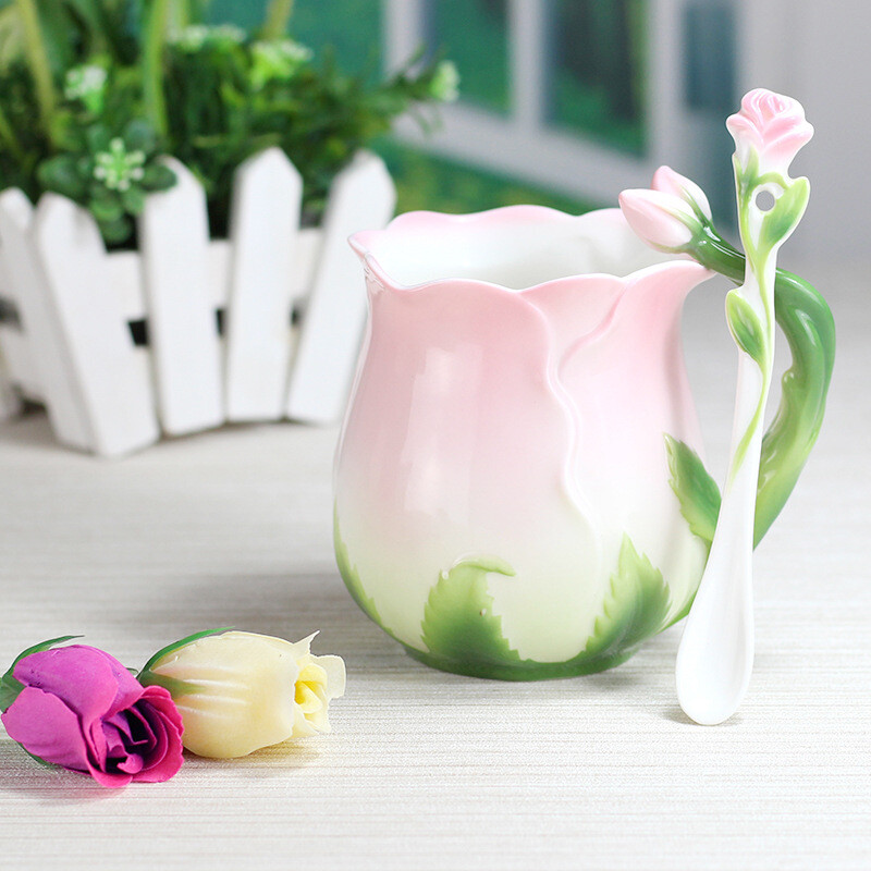 320ml Spoon Milk Mug Decorate Creativity Rose Flower Porcelain Coffee ...