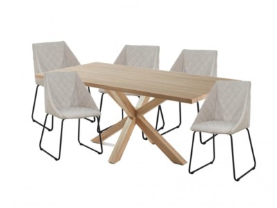 NOVAK DINING SET/NATURAL VENEER DINING TABLE + 6 BEIGE DINING CHAIRS ...