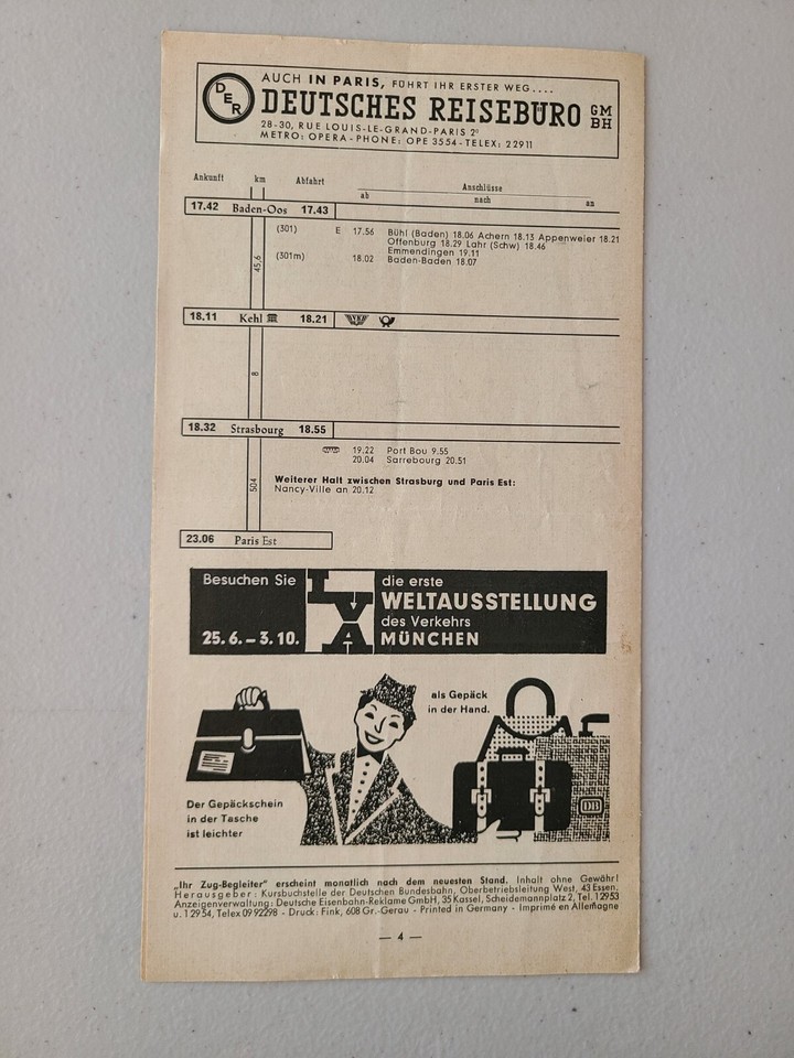 Deutsche Bahn D40 Mozart Wien - Paris Est Timetable (1965) | eBay