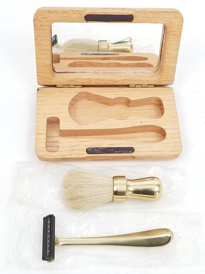 Vintage Men's Solid Brass Razor and Brush Gold Plating in Wooden Box | eBay