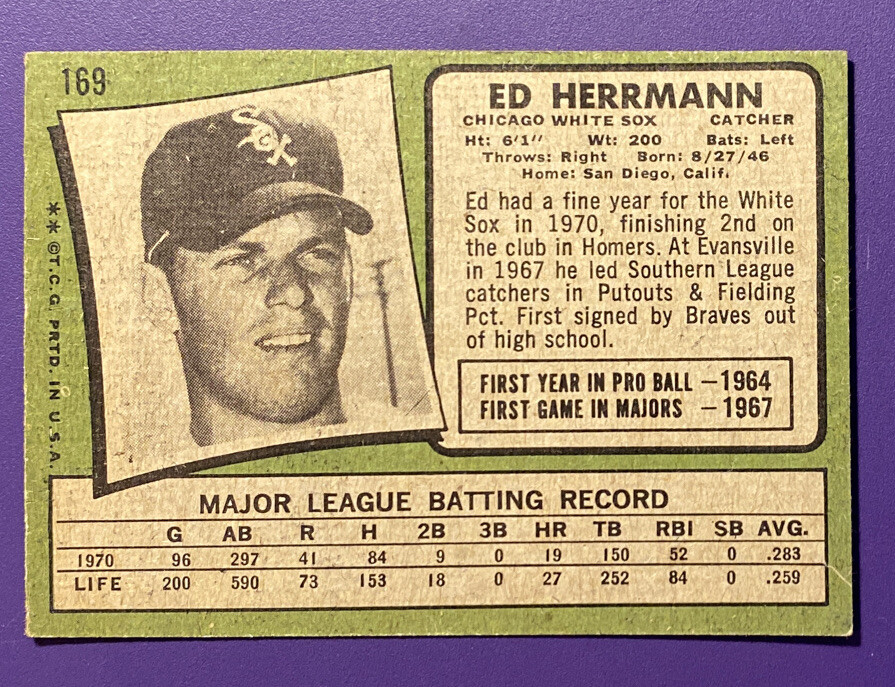 Ed Herrmann - White Sox 1971 #169 Topps Baseball Card - Very Good Plus ...