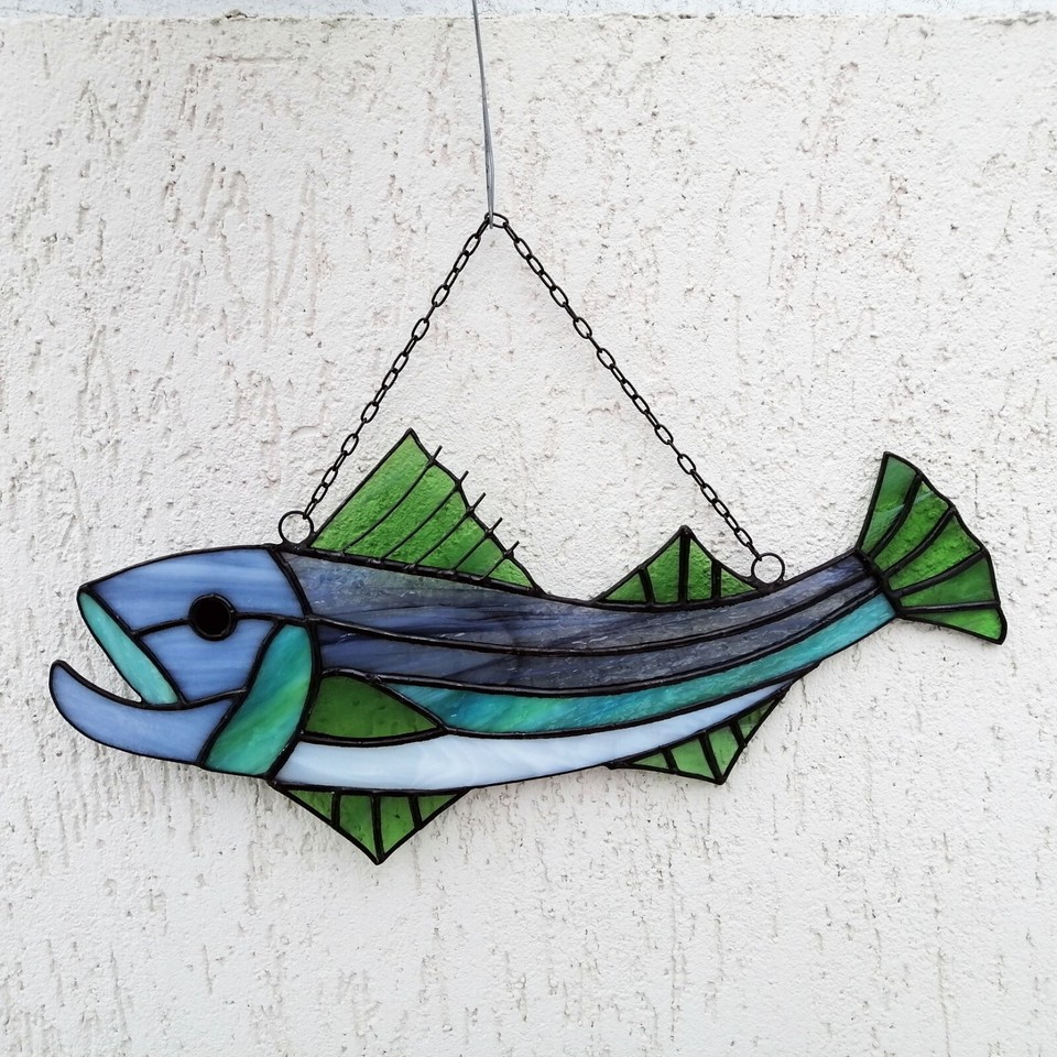 Large Striped Bass Stained Glass Fish Suncatcher - Fishing Window ...