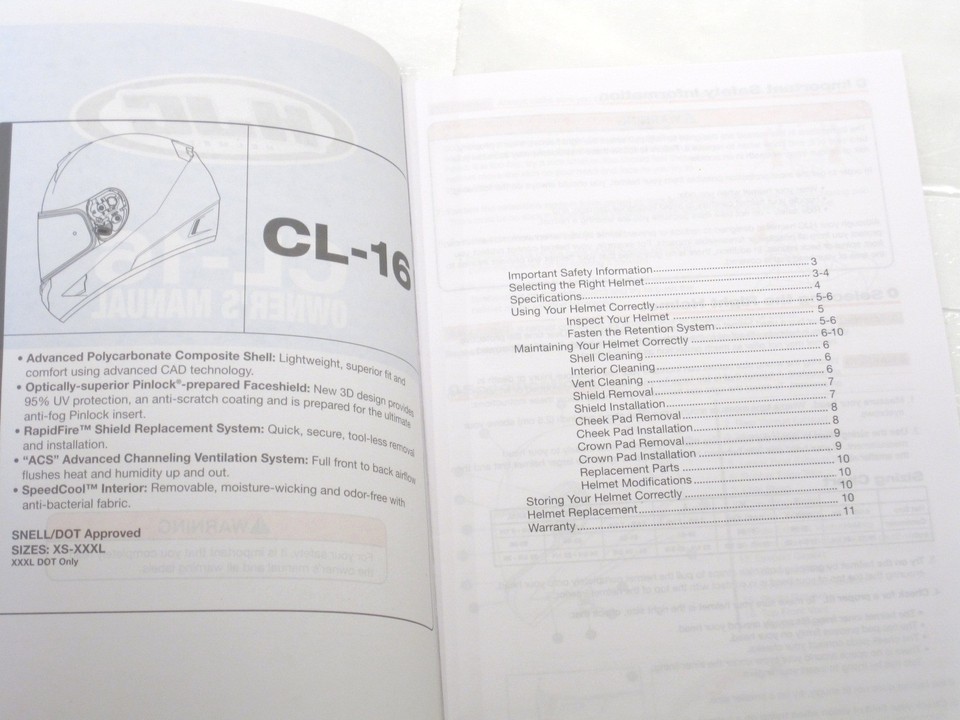 HJC CL-16 Helmet Owner's Manual w/ extra black helmet screw | eBay