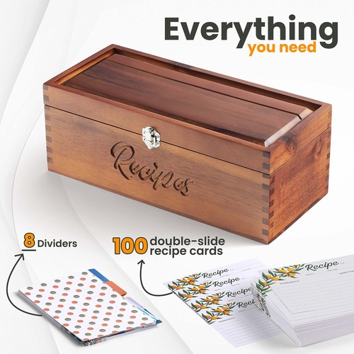 Acacia Wood Large Recipe Box with 100 Cards 4x6, 8 Dividers - Wooden ...