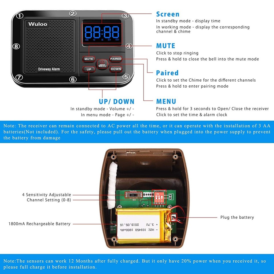1800ft Wireless Driveway Alarm Motion Sensor for Home Yard Alert ...