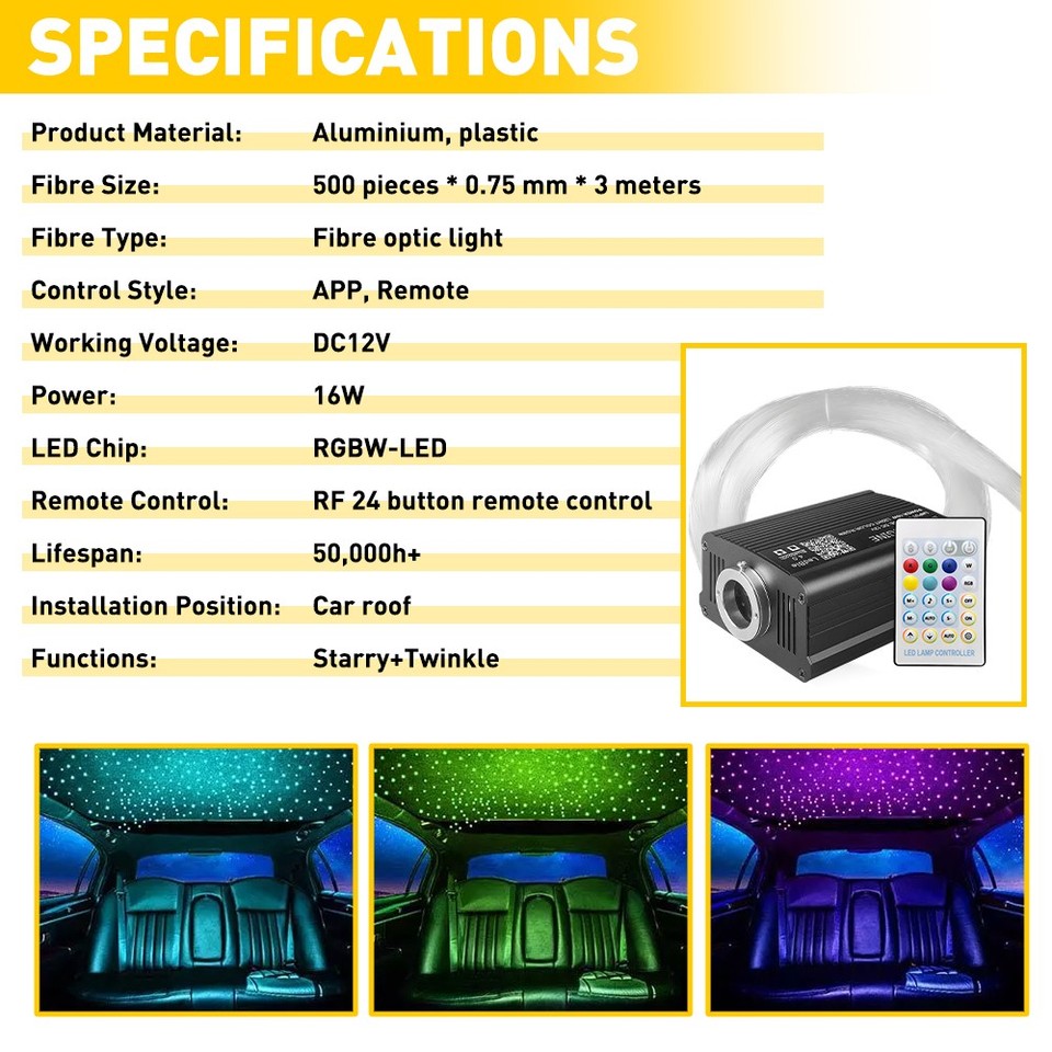 APP Remote Fibre Optic Twinkle 500Pcs Car Headliner Star Light Roof ...