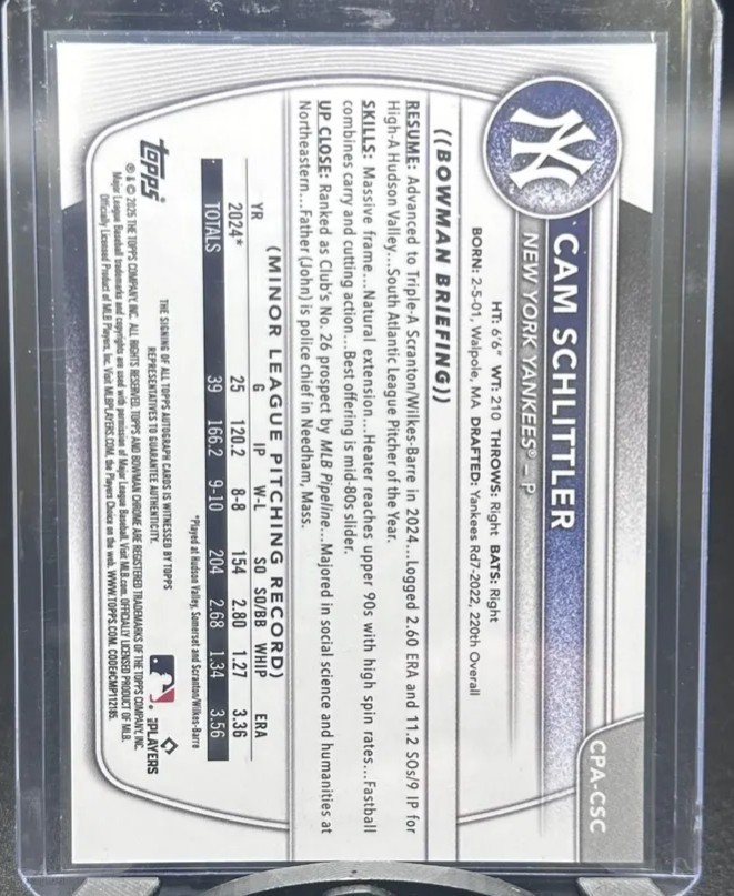 🔥2025 Bowman Cam Schlittler 1st Bowman Snack Pack Gumball Auto /5 ...