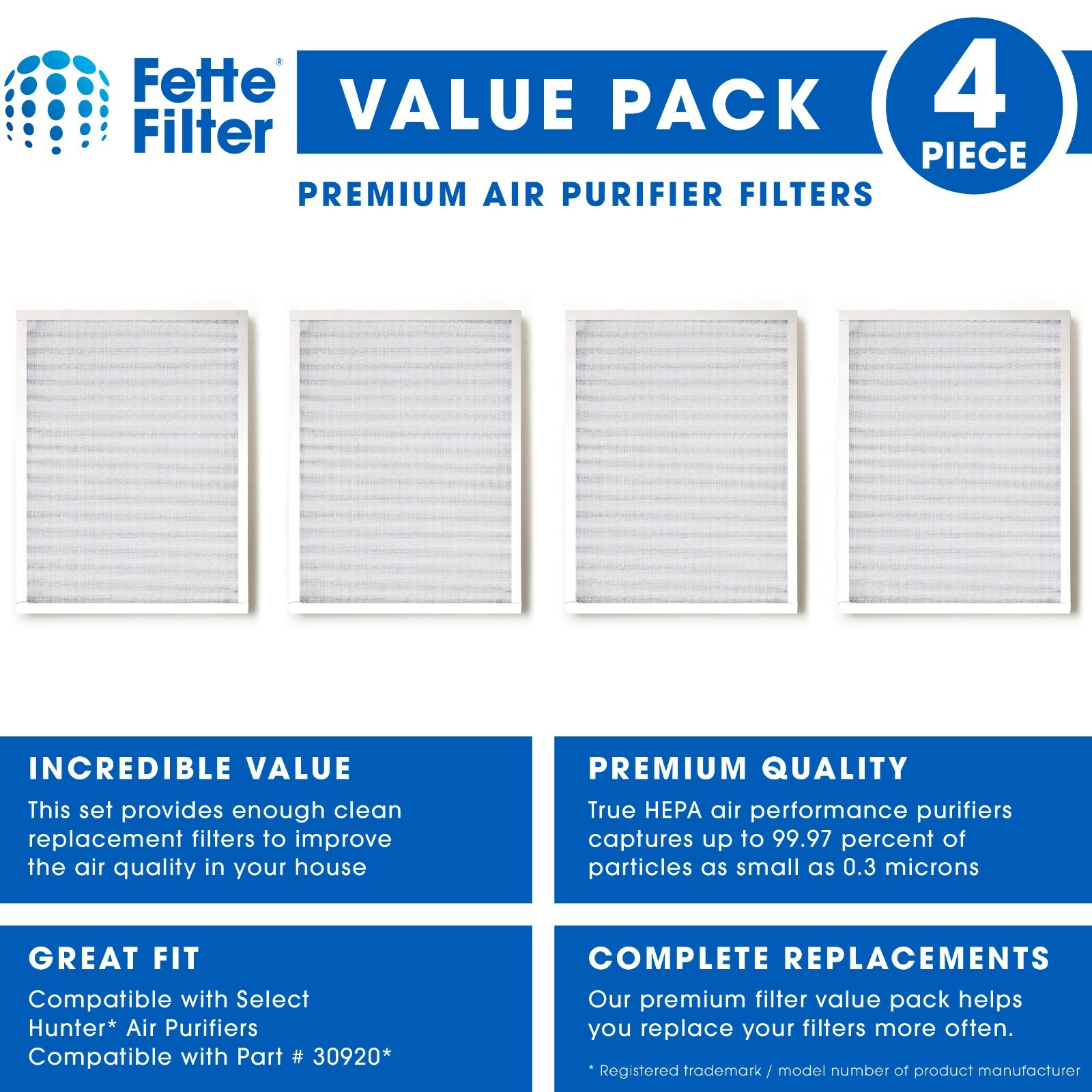 4 Air Purifier HEPA Filters Compatible with Hunter 30920,30050,30055 ...