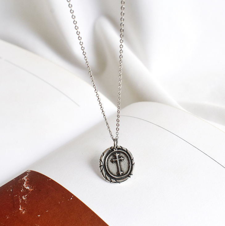 Retro Oval Cross Charm Pendant Solid .925 Sterling Silver w 18 ...