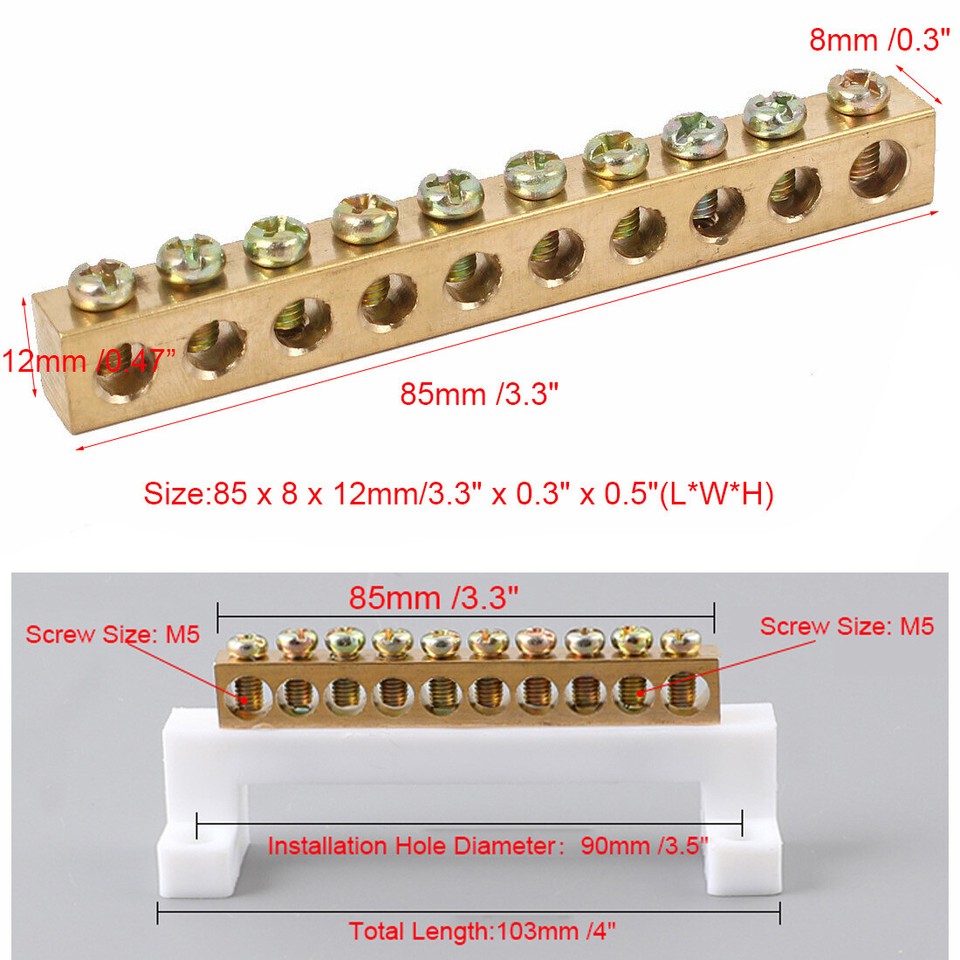 10 Holes Copper Neutral Bar Ground Terminal Row Wire Screw Distribution ...