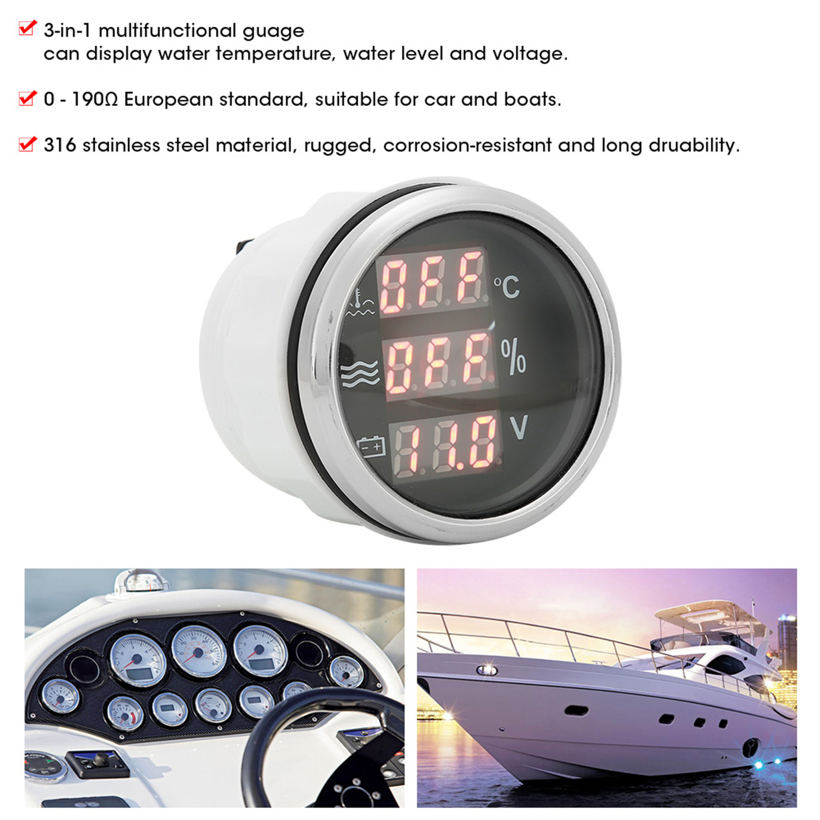 XXL 52mm/2in 3‑In‑1 Gauge Water Temperature Voltage Liquid Level ...