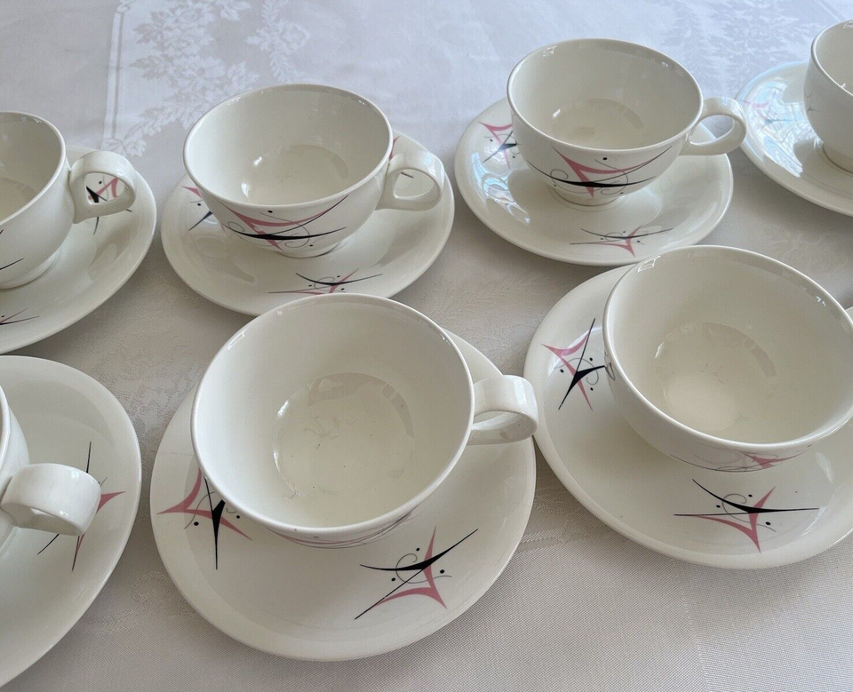 HARLEQUIN HALLCRAFT EVA ZEISEL 6 CUPS & SAUCERS ATOMIC AGE EUC MID ...