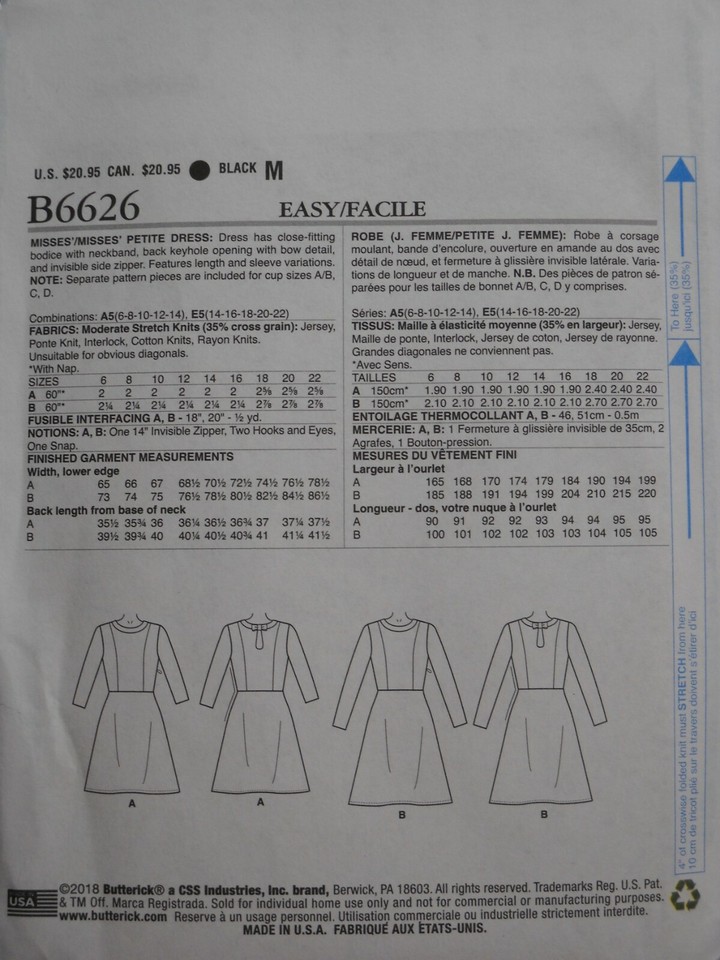 Dress with Loose Fitting Bodice Misses Size 14-22 Butterick 6626 Sewing ...