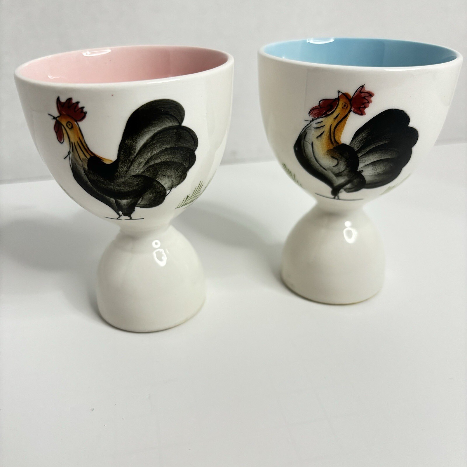 Vintage Ceramic Egg Cups Hand Painted Rooster Blue & Pink Inside | eBay