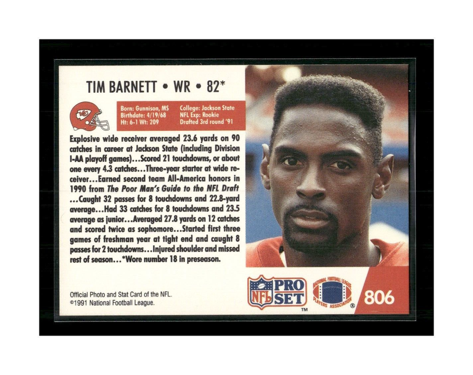 Tim Barnett 1991 Pro Set 806 Kansas City Chiefs Rookie Football Card | eBay
