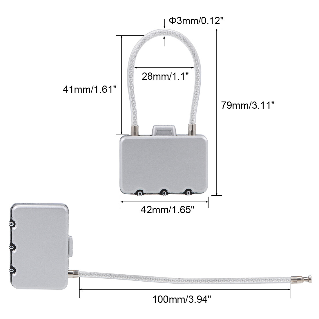 3 Digit Combination Padlock, 3mm Wire Shackle Luggage Code Lock Silver ...
