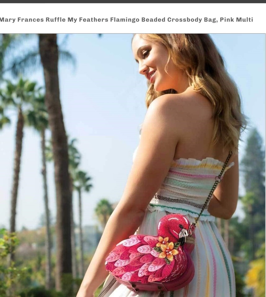 Mary Frances Ruffle my Feathers Beaded Pink Flamingo Crossbody Bag | eBay