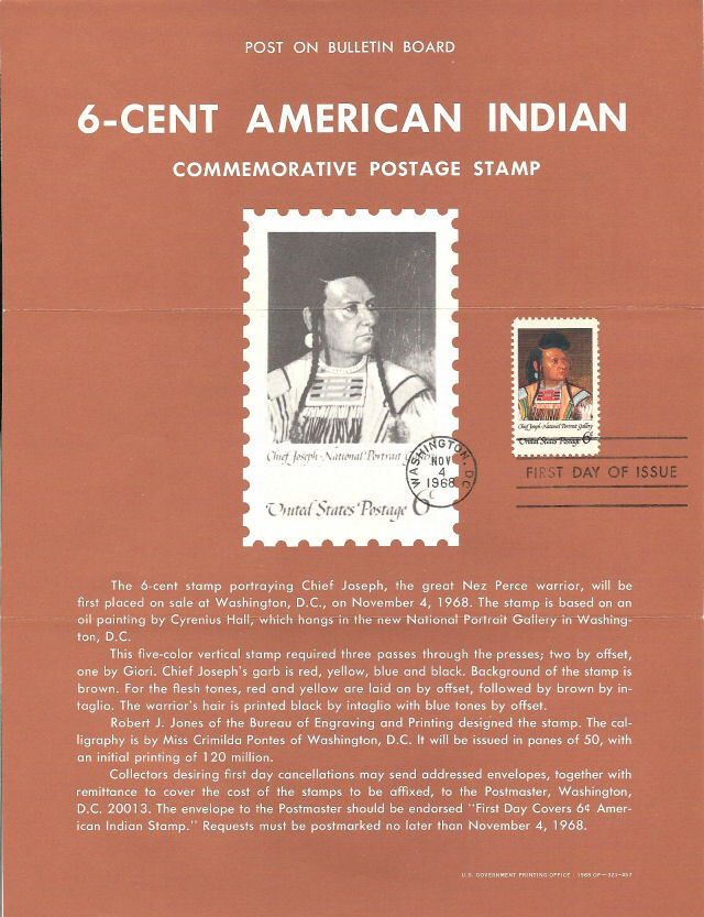 #1364 6c Chief Joseph Stamp Poster- Unofficial Souvenir Page Folded MC ...