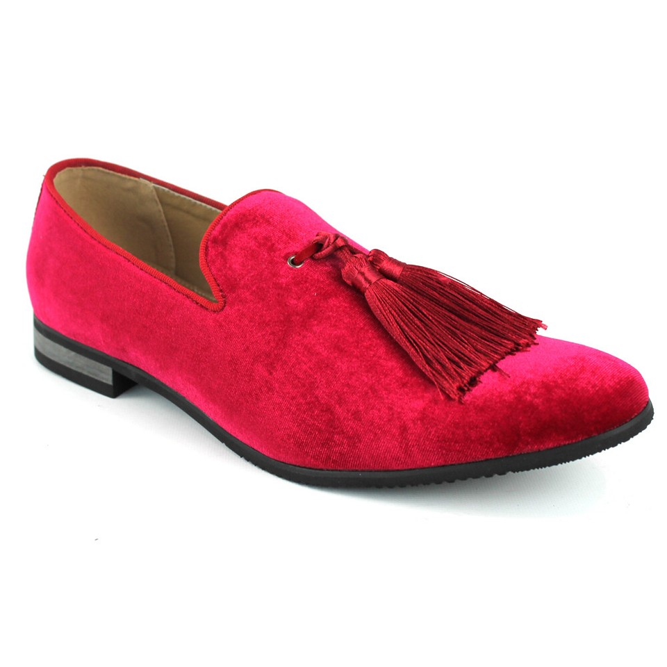 Bright Red Velvet Slip On Loafers Tassel Men's Dress Shoes Modern ...