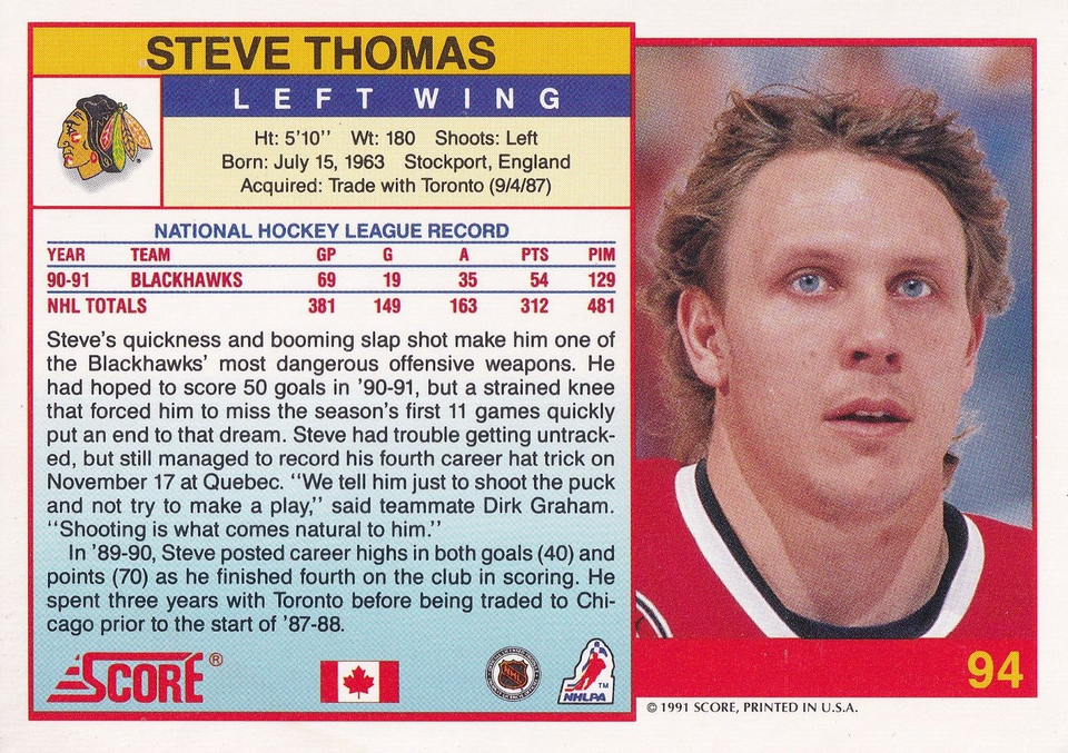 1991-92 Score #94 Steve Thomas- Chicago Blackhawks + (Yes 4 Free ...