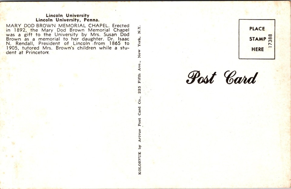 MARY DODD BROWN CHAPEL LINCOLN UNIVERSITY PENNSYLVANIA UNPOSTED ...