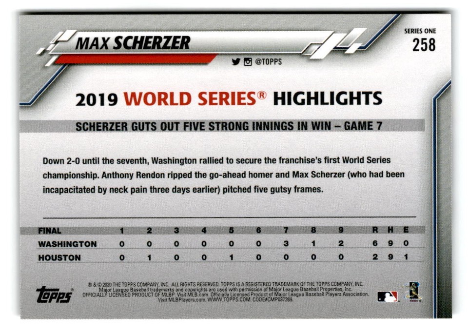 2020 Topps Max Scherzer #258 Washington Nationals | eBay