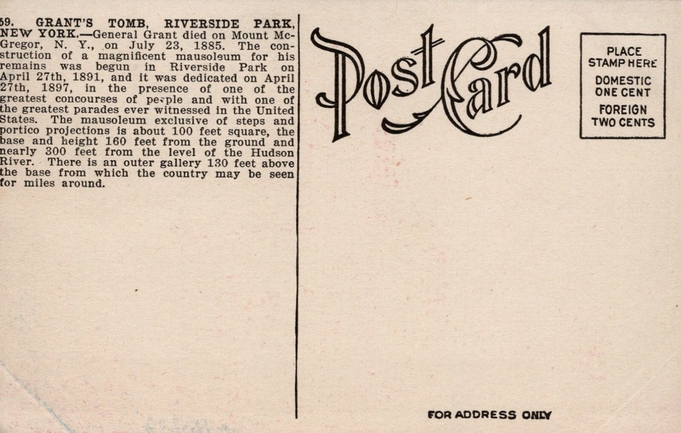 General Grant's Tomb In New York Riverside Park Divided Back Vintage ...