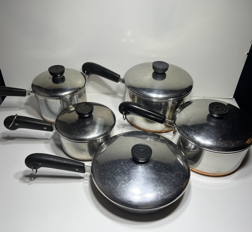 Vintage Revere Ware Copper Bottom 10 Pc Cookware Lot Skillet Pots Pans ...