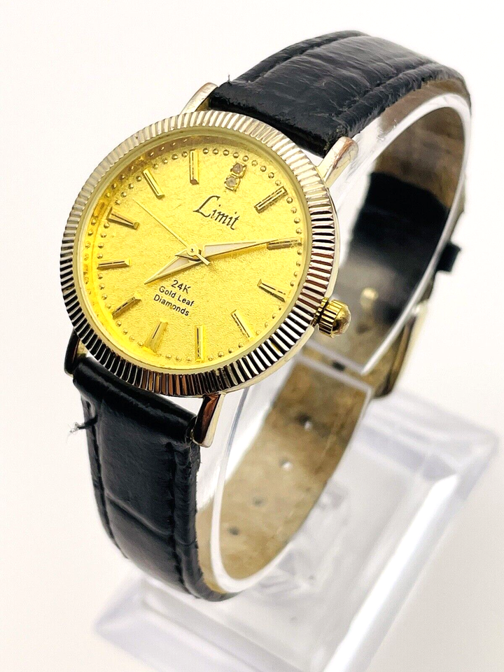 Vintage Limit Ladies 24k Gold Leaf 2 Diamonds Watch Leather Strap | eBay UK