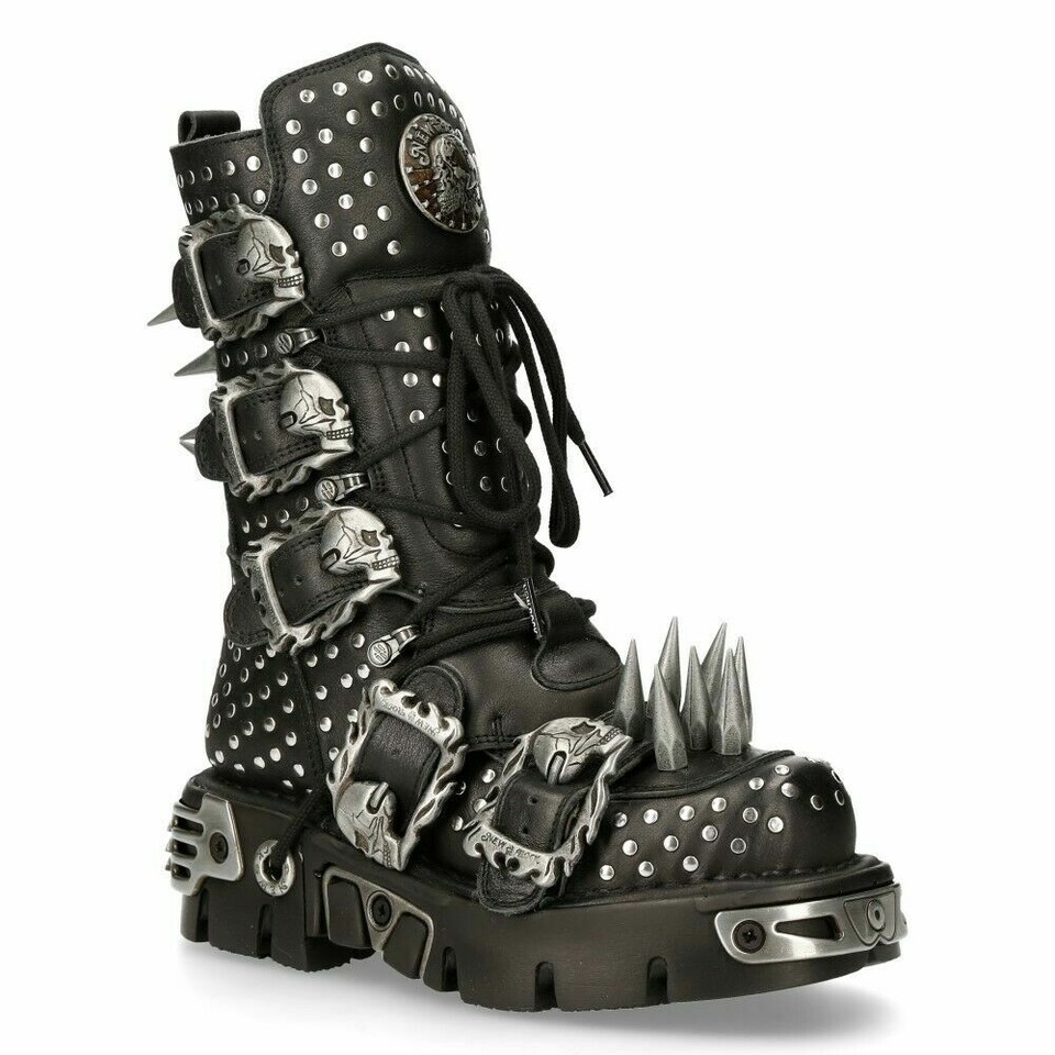 New Rock Boots 1535-S1 Unisex Metallic Black Leather Goth Studded Spike ...