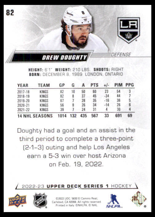 2022 Upper Deck #82 Drew Doughty Los Angeles Kings Hockey Card | eBay