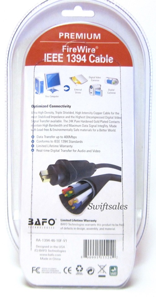 BAFO Premium IEEE 1394 Firewire / Sony i.LINK Cable 10FT 4/6 4 Pin To 6 ...